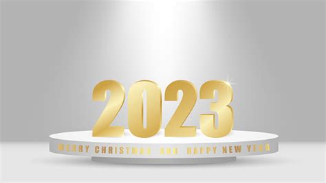 새해 복 많이 받으세요 2023 조명이있는 흰색 연단에 금색 숫자가 있습니다 벡터 12월 31일에 대한 스톡 벡터 아트 및 기타 이미지 12월 31일 2022년