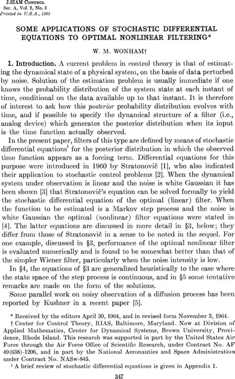 Some Applications Of Stochastic Differential Equations To Optimal Nonlinear Filtering Siam