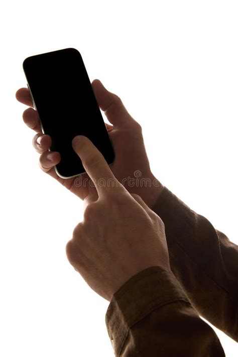 Male Hands Interacting With Modern Smartphone With Blank Empty Screen Isolated On White