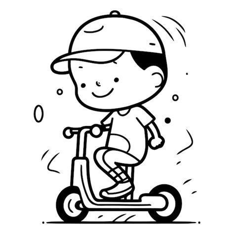 만화 스타일로 스쿠터를 타는 귀여운 작은 소년 프리미엄 Ai 생성 벡터