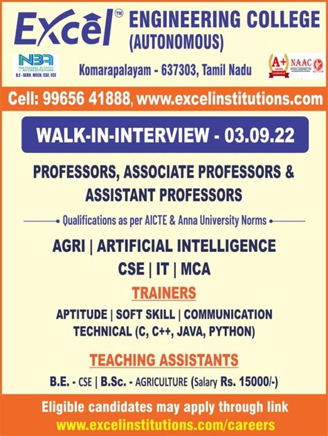 Excel Engineering College Komarapalayam Wanted Professor Associate Professor Assistant