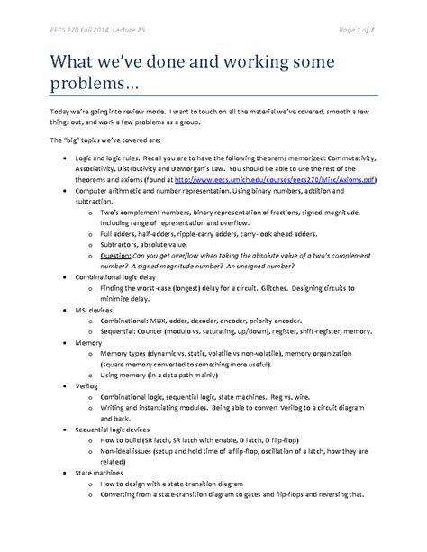 Introduction To Logic Design Eecs 270 20142015 Lecture Notes Lecture