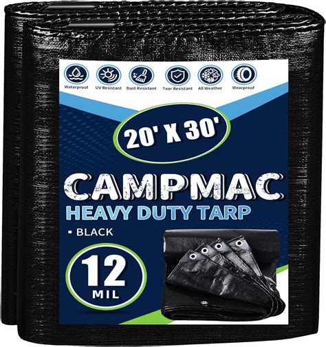 Campmac Black Tarps Heavy Duty Waterproof 20x30 12 Mil Thick High