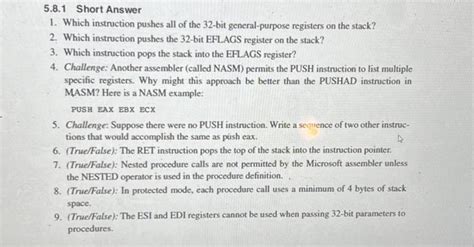 solved 5 8 1 short answer 1 which instruction pushes all of