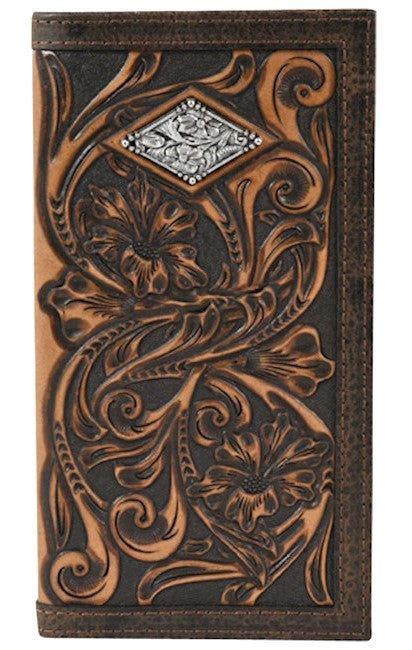 Justin Rodeo Tooled Wallet With Diamond Shaped Concho Diamond Shapes