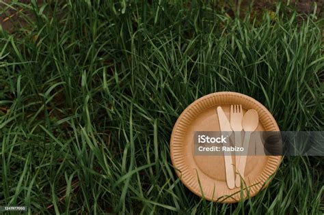 숟가락 포크 칼이 있는 친환경 천연 접시 녹색 잔디 배경에 일회용 생태 요리세트 지구의 지속 가능성 대나무와 바가세 섬유로 만든 골판지 요리 0명에 대한 스톡 사진 및 기타