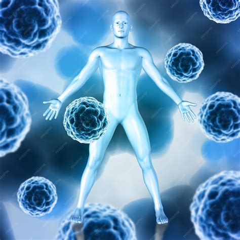 추상 바이러스 세포와 남성 그림이 있는 의료 배경의 3d 렌더링 무료 사진