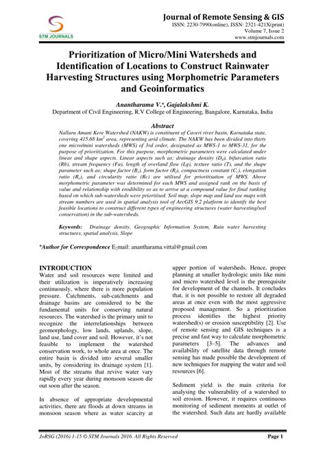 Pdf Journal Of Remote Sensing And Gis Prioritization Of Micro Mini Watersheds And Identification