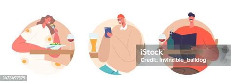 거리 카페의 남성과 여성 캐릭터는 둥근 아이콘이나 아바타를 격리했습니다 사람들 커뮤니티 채팅 독서 커피 마실 것에 대한 스톡 벡터 아트 및 기타 이미지 Istock