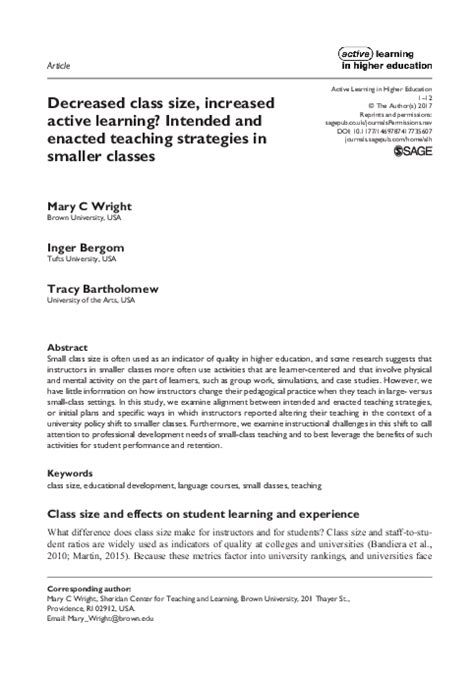 Pdf Decreased Class Size Increased Active Learning Intended And Enacted Teaching Strategies Pdf Decreased Class Size Increased Active Learning Intended And Enacted Teaching Strategies