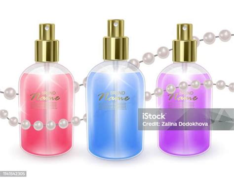 핑크 파란색과 보라색 액체 디스펜서와 현실적인 항아리 벡터 일러스트 레이 션 화장품 제품 헬스케어 배너 향수 항아리의 집합입니다 건강관리와 의술에 대한 스톡 벡터 아트 및