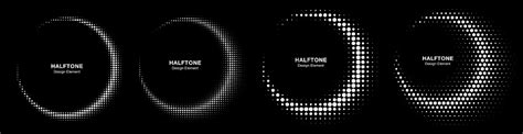 하프 톤 도트 원 프레임 추상 도트 로고 엠 블 럼 디자인 요소 세트 반달 검은 색 배경에 하프 톤 원을 사용하여 둥근 테두리 아이콘 점선 래스터 텍스처 벡터 컬렉션입니다