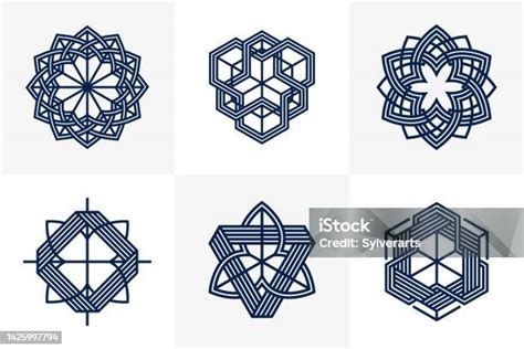 추상 기하학적 선형 기호 벡터 세트 로고 생성을위한 그래픽 디자인 요소 얽힌 선 빈티지 스타일 아이콘 컬렉션 개선에 대한 스톡