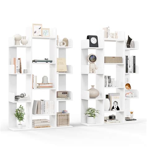 Costway 2 Pcs Bookshelf Tree Shaped Bookcase With 13 Storage Shelf