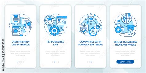 Learning Management System Features Blue Onboarding Mobile App Screen Walkthrough 4 Steps