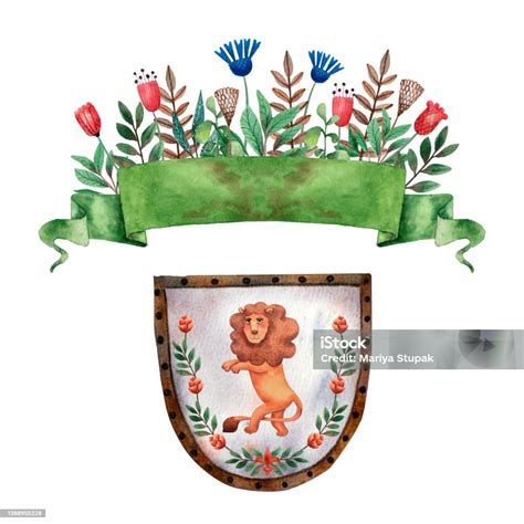 수채화 전령 기호 세트 오래된 동화에서 나온 라이온스와 유니콘 귀여운 손으로 그린 캐릭터 왕의 왕족 속성 텍스트용 녹색 리본 환상적인 유니콘이있는 귀여운 방패 골동품 로얄