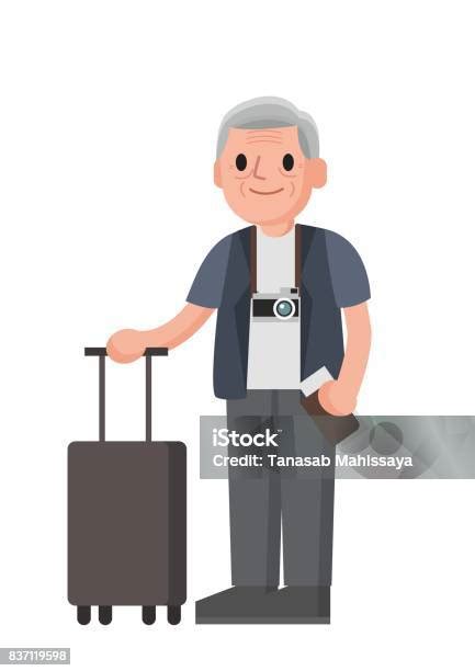 노인 관광입니다 가방으로 할아버지는 여행 서 수석 남자 가득 찬에 대한 스톡 벡터 아트 및 기타 이미지 가득 찬 가방
