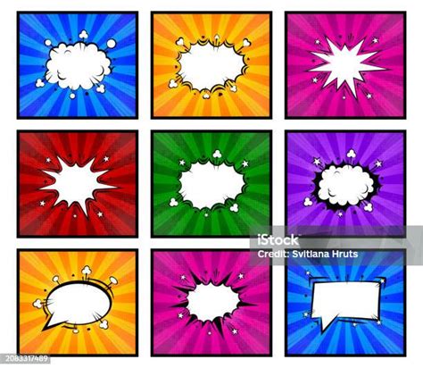 팝 아트 디자인의 코믹스 블랭크 다양한 모양의 빈 흰색 말풍선이 있는 만화책 페이지 템플릿입니다 화려한 빈 배경 벡터 일러스트 레이 션 가리기에 대한 스톡 벡터 아트 및