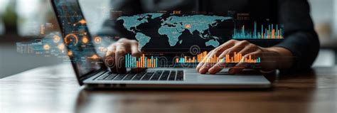Business Person Analyzes Data On Laptop Global Data Trends Real Time Analytics Shown On Screen