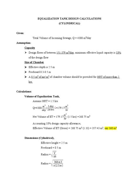 Equalization Tank Design Calculations Pdf Chemical Engineering Applied And
