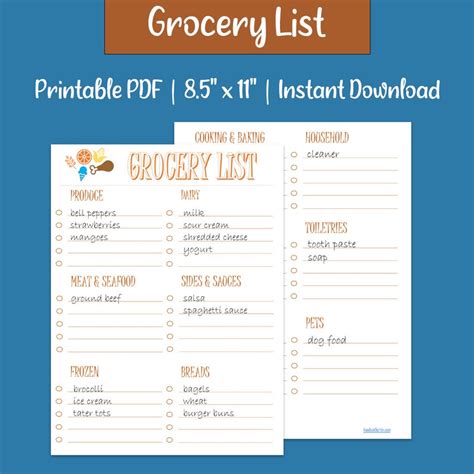 Printable Grocery List Large Print Design Instant Download Etsy