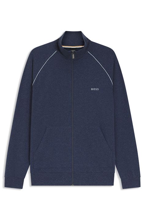 Boss Zip Up Jacket In Stretch Cotton With Contrast Piping Light Blue