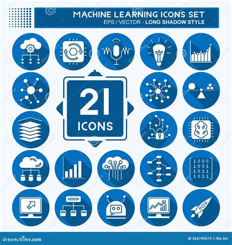 Icon Set Machine Learning Related To Machine Learning Symbol Long Shadow Style Simple Design
