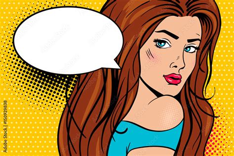 Wow Pop Art Female Face Sexy Surprised Young Woman With Blue Eyes And Open Mouth And Speech