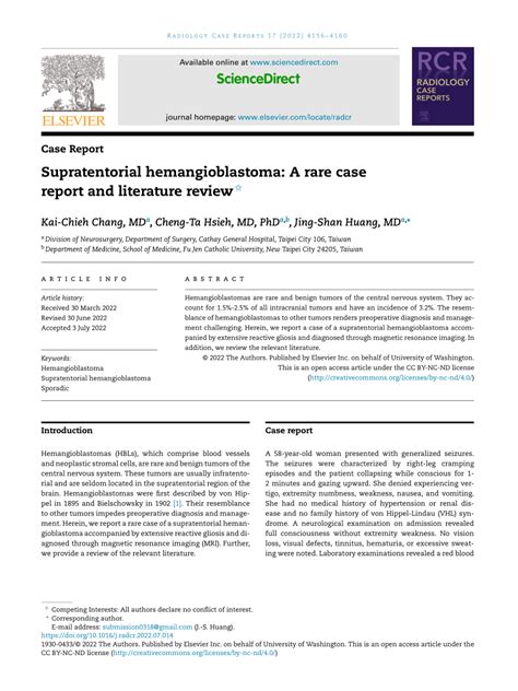 Pdf Supratentorial Hemangioblastoma A Rare Case Report And