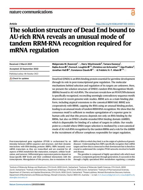 Pdf The Solution Structure Of Dead End Bound To Au Rich Rna Reveals An Unusual Mode Of Tandem