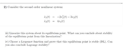 Solved Consider The Second Order Nonlinear System X 1 T