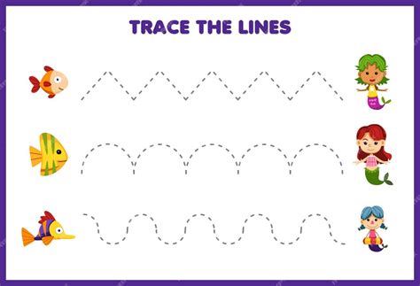 어린이 필기 연습을 위한 교육 게임 귀여운 만화 물고기로 라인을 추적하여 인어 수중 워크시트로 이동 프리미엄 벡터