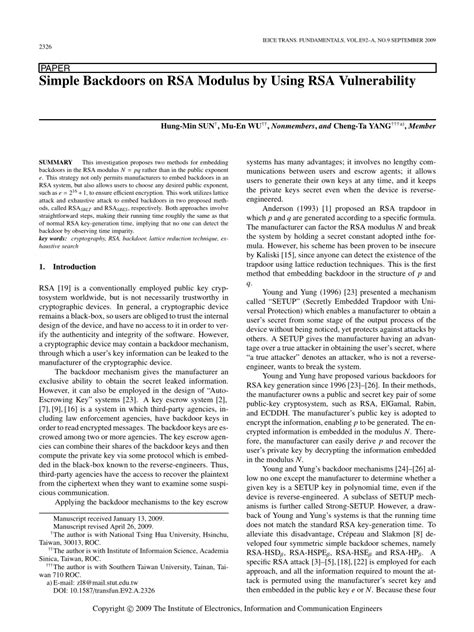 Pdf Simple Backdoors On Rsa Modulus By Using Rsa Vulnerability