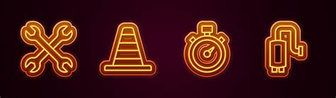 세트 라인 렌치 스패너 교통 콘 스톱워치 및 자동차 머플러 빛나는 네온 아이콘 벡터 건설 산업에 대한 스톡 벡터 아트 및 기타 이미지 건설 산업 경계 표지 계시기