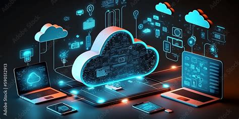 Cloud Technology Computing Devices Connected To Digital Storage In The Data Center Via The