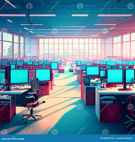 Modern Office Interior With Rows Of Computer Monitors 3d Render Illustration Generative Ai