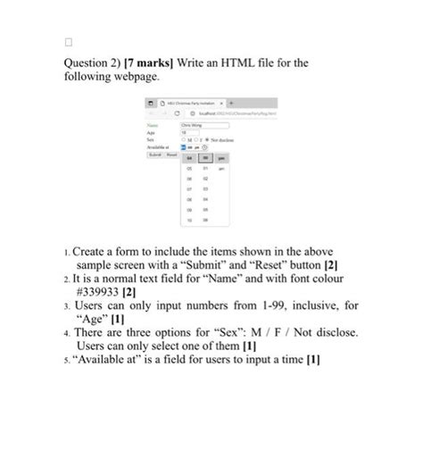 solved question 2 [7 marks] write an html file for the