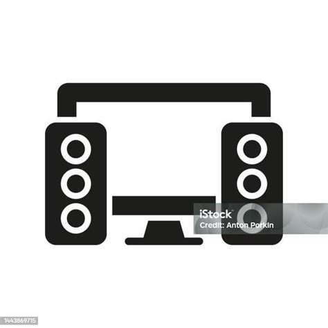 데스크탑 컴퓨터 및 음향 장비 글리프 픽토그램 스피커 실루엣 아이콘이 있는 Pc 개인 서버 하드웨어 및 음악 스피커 기호입니다 고립된 벡터 그림 가정 생활에 대한 스톡 벡터