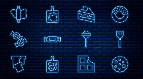 라인 쿠키 또는 비스킷 주걱 케이크 조각 사탕 반죽에 롤링 핀 롤리팝 및 도마 아이콘을 설정합니다 벡터 끈적거리는에 대한 스톡