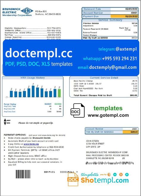 Doctempl Usa North Carolina Brunswick Electric Utility Bill Template