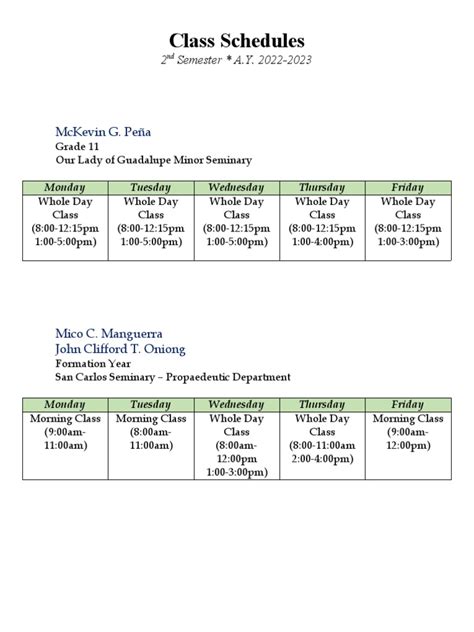 Class Schedules Pdf