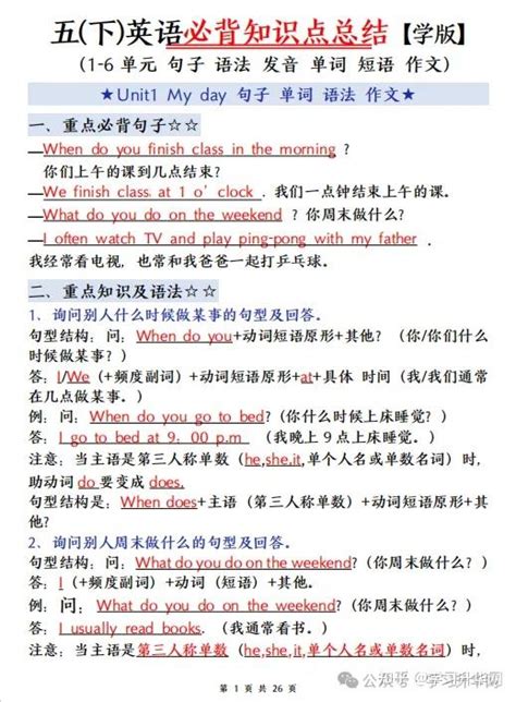 五年级下册英语必背知识点总结人教pep版 知乎