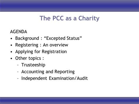 The PCC As A Charity AGENDA Background Excepted Status Registering