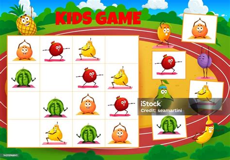 Sudoku Game Worksheet Cartoon Fruits On Yoga Stock Illustration