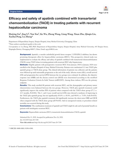 Pdf Efficacy And Safety Of Apatinib Combined With Transarterial Chemoembolization Tace In