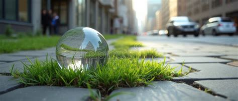 A Glass Globe Placed On A Patch Of Green Grass Growing Between Cracks In An Urban Sidewalk Stock