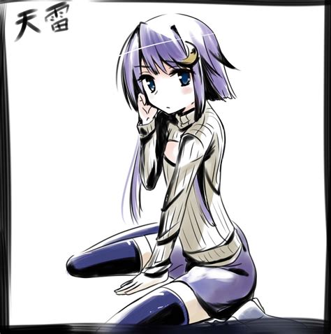 Safebooru 1girl Arm Support Between Legs Black Legwear Blue Eyes Crescent Hair Ornament Flat
