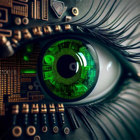 Premium Photo Green Eye On Circuit Board With Microchip Closeup Generative Ai