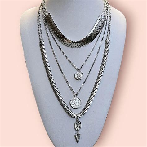 Multi Layer Silver Coin Necklace Graduated Four Chain Silver Necklace Etsy