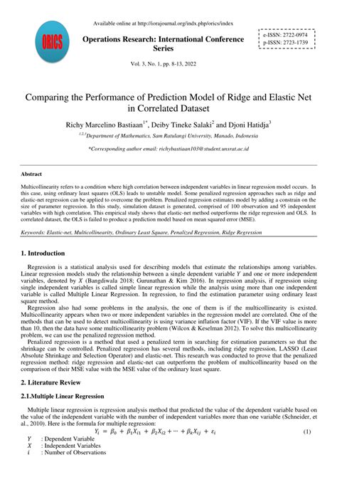 Pdf Comparing The Performance Of Prediction Model Of Ridge And Elastic Net In Correlated Dataset